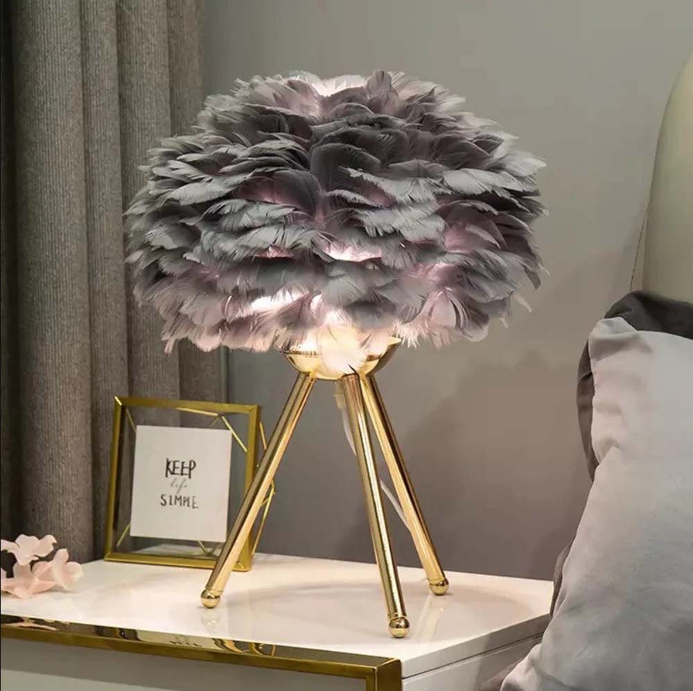 Original Goose Feather Shade with Golden Metal Stand Bedroom Table Lamp ...