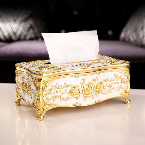 Metal Body Golden & Green Color Red Rose Design Tissue Box Holder – Cynor