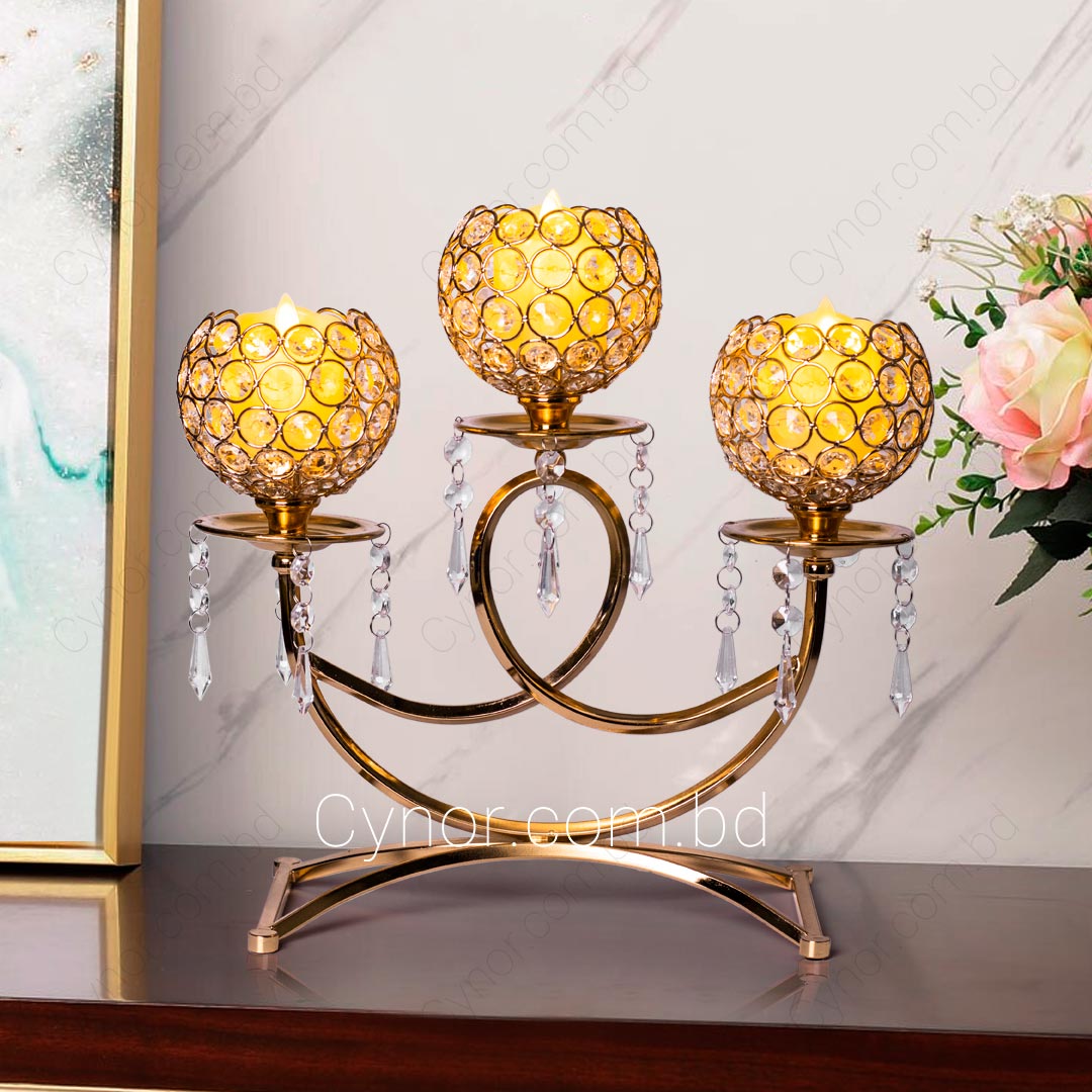 Golden Color Metal Body with Crystal Stone Design 5 Arm Candle Holder ...