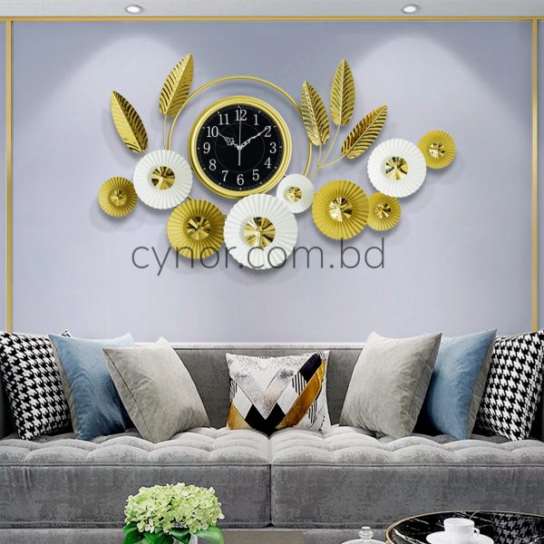 Stainless Steel Metal Body Golden Color Aquatic Leaf Design Wall Clock ...